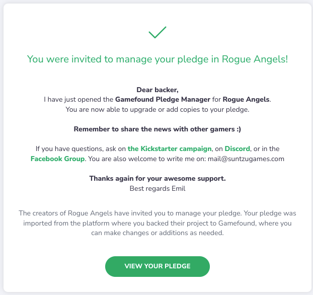 Gamefound Welcome Message – My Rogue Angels